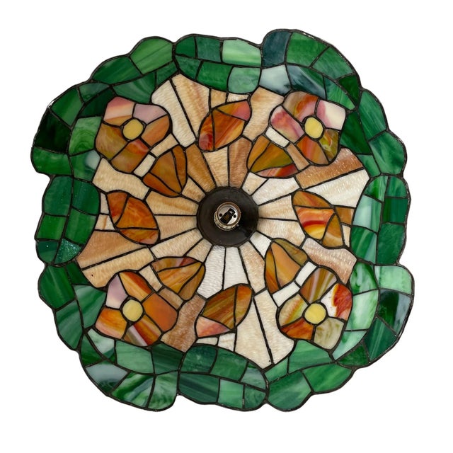 Mid Century Stained Glass, Pendant, Light With Orange, Green and Tan ...
