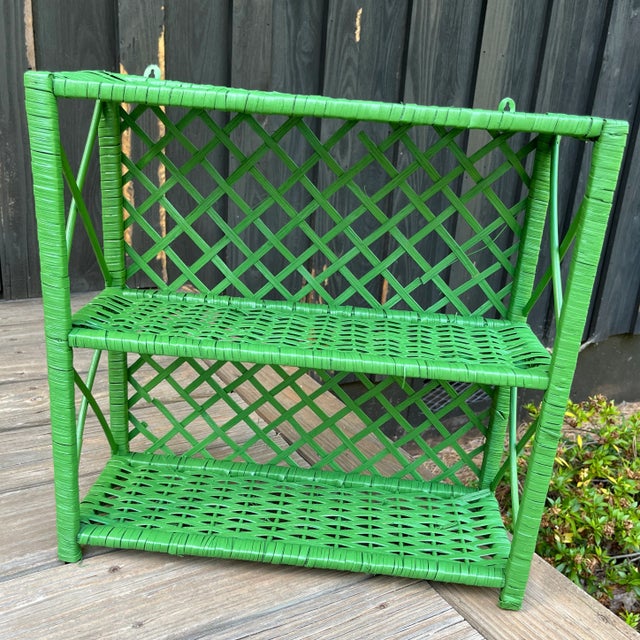Green Painted Wicker Wall Shelf 2 | Chairish