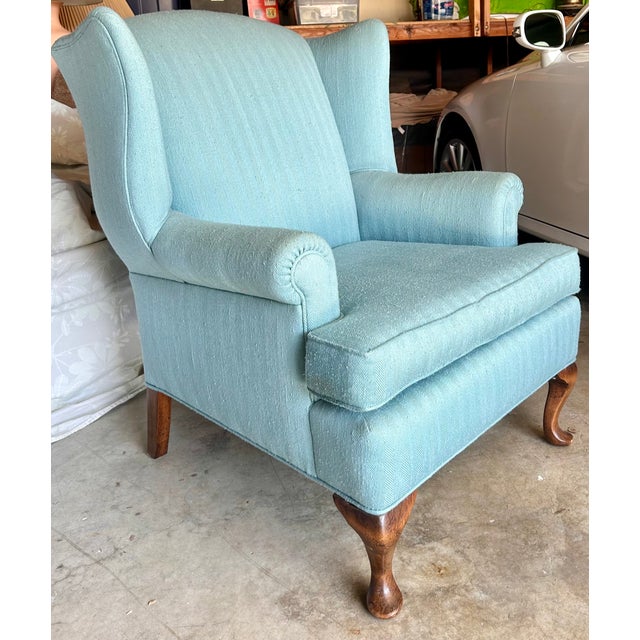Vintage Wingback Armchair With Claw Foot Detail - Turquoise | Chairish