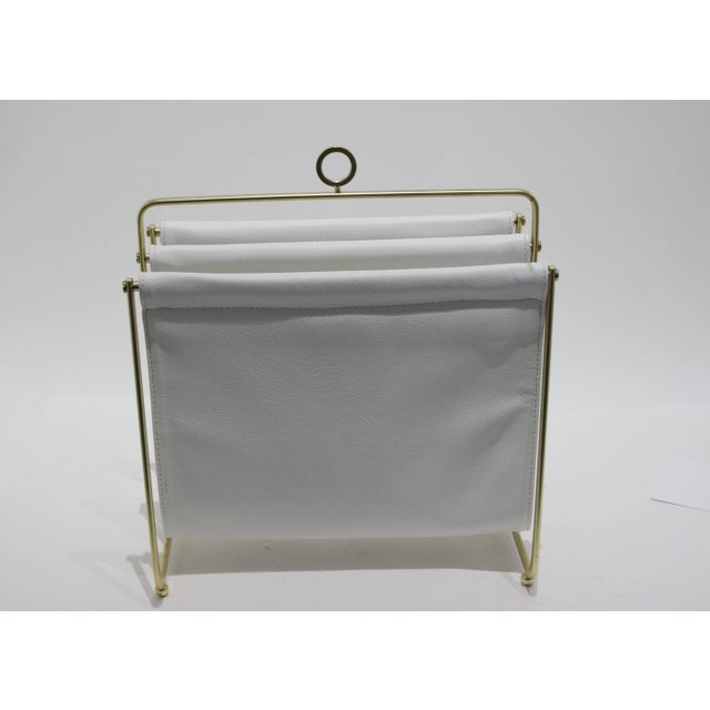 Magazine Rack White Faux Leather (Vinyl) and Gold Tone | Chairish