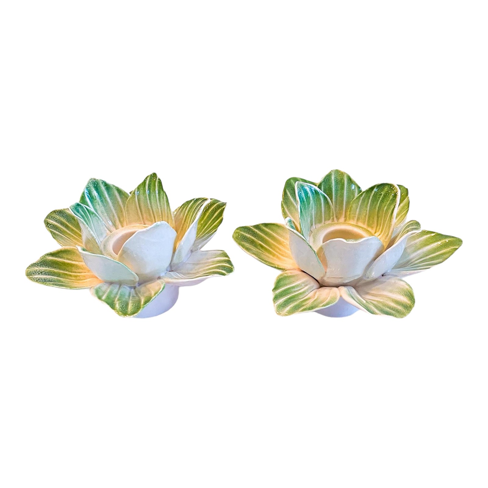 Pair of Ceramic Cabbage Leaf Candlesticks | Chairish