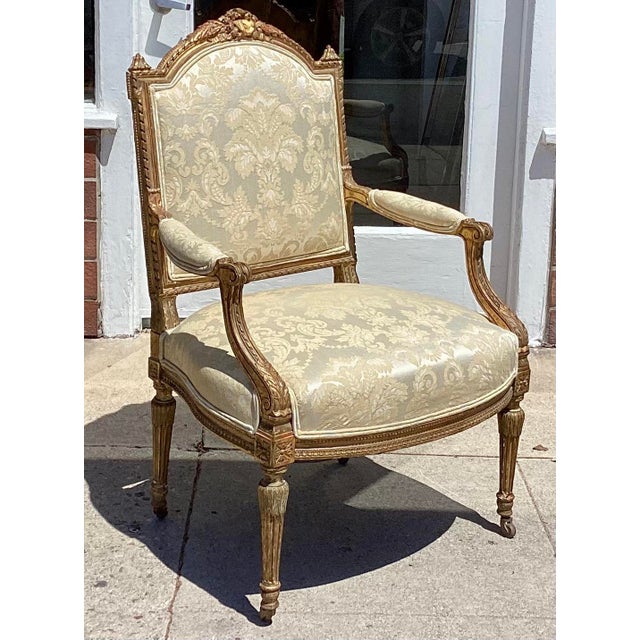 Antique Louis XVI Giltwood & Silk Damask Fauteuil Arm Chair | Chairish