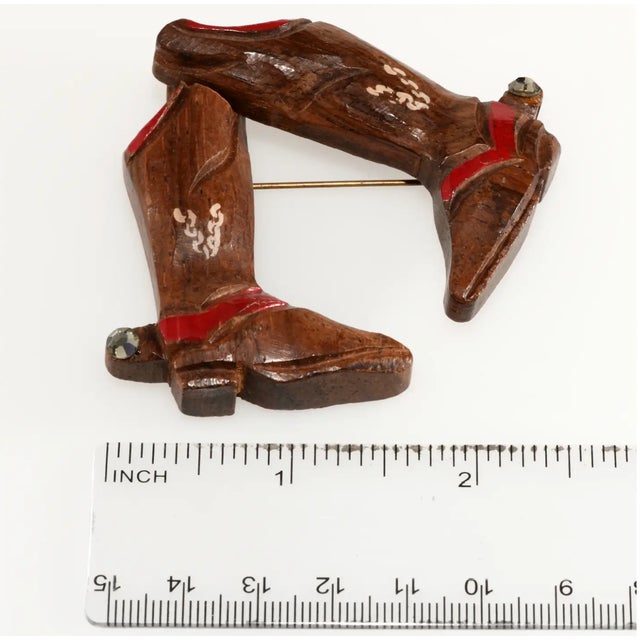 Vintage Wooden Western Cowboy Boots Brooch Pin | Chairish