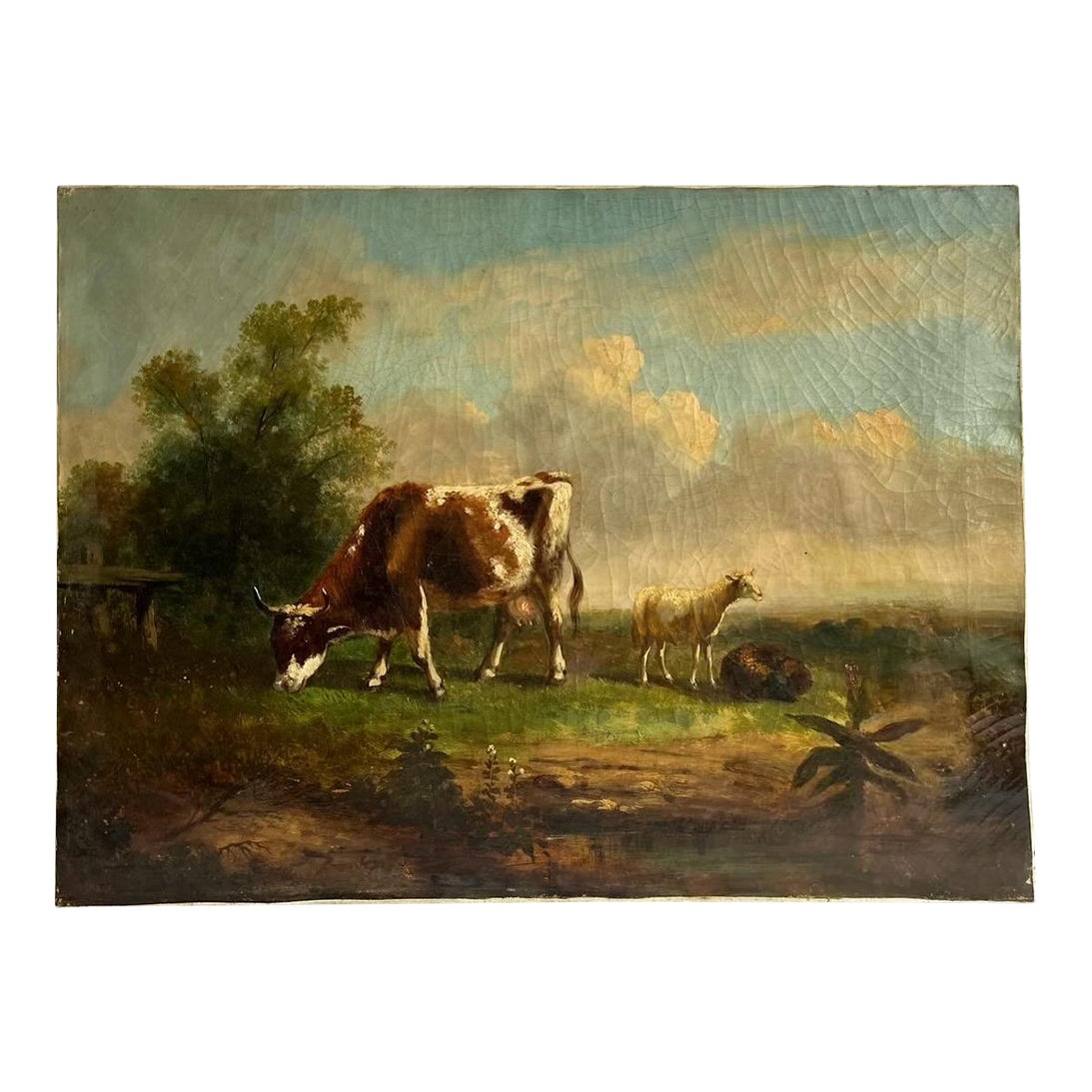 19th Century Oil on Canvas Pastoral Scene Painting of Cow & Sheep ...