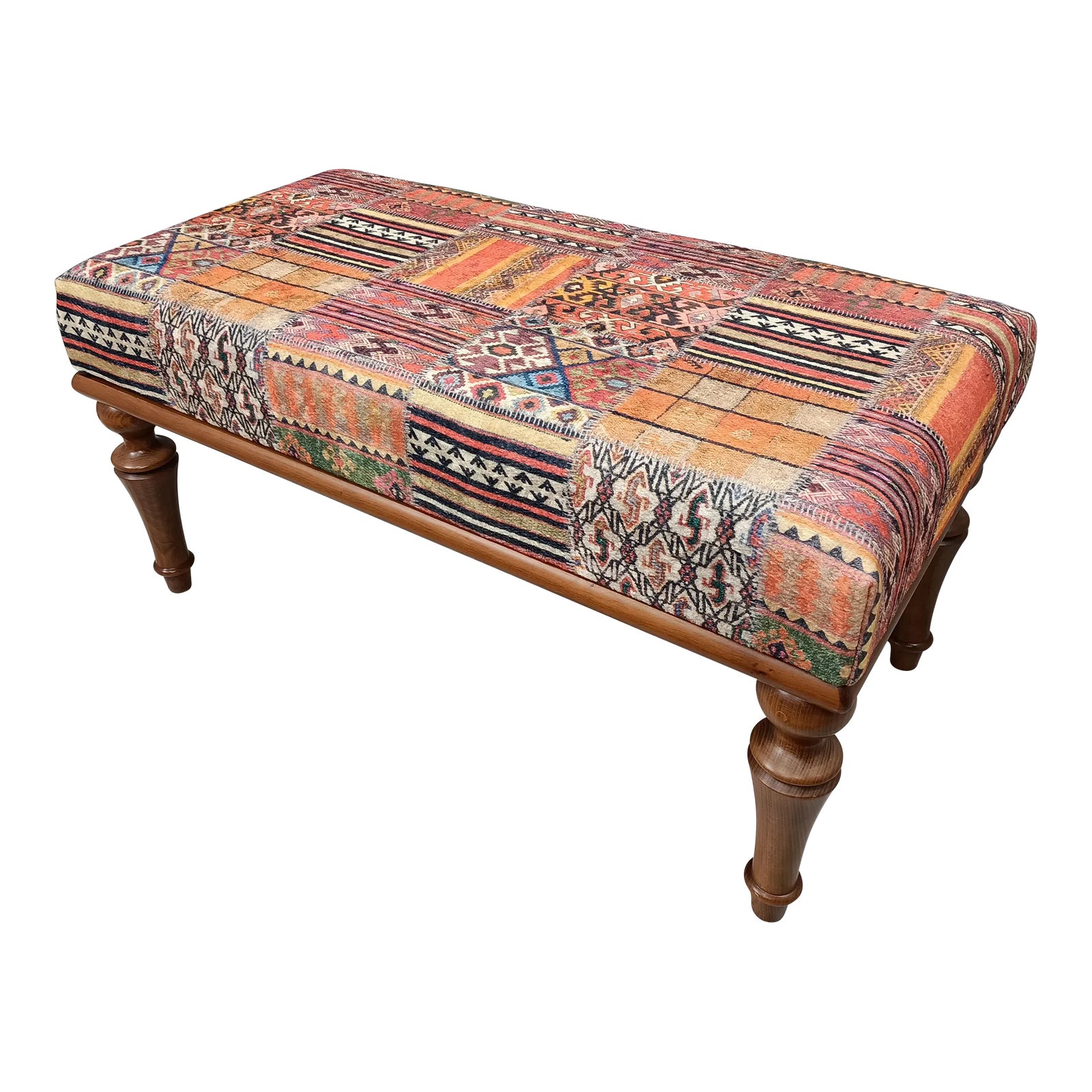 Patchwork Pattern Rug Print Fabric Upholstered Piano Bench | Chairish