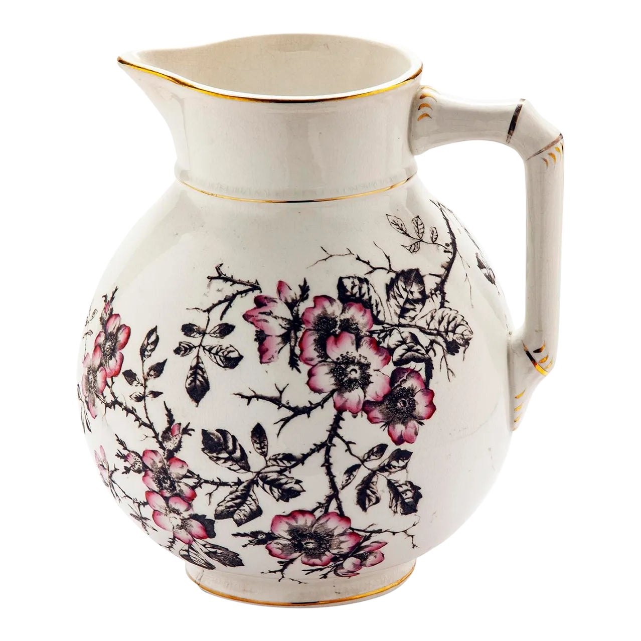 Antique Ironstone Pitcher With Pink Roses on Brown Branches | Chairish