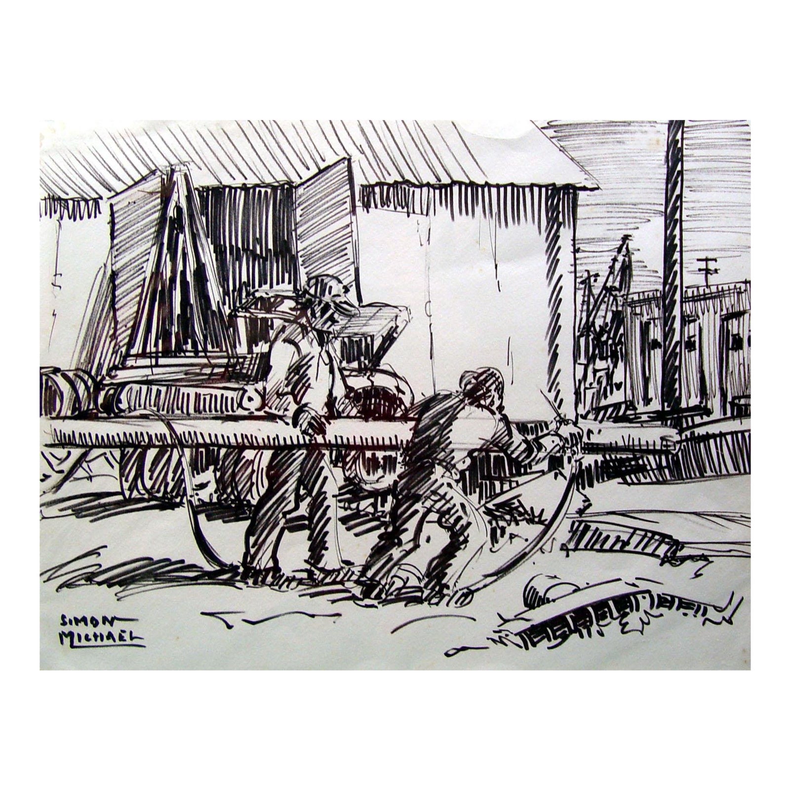 Industrial Scene Pen & Ink Drawing by Simon Michael | Chairish