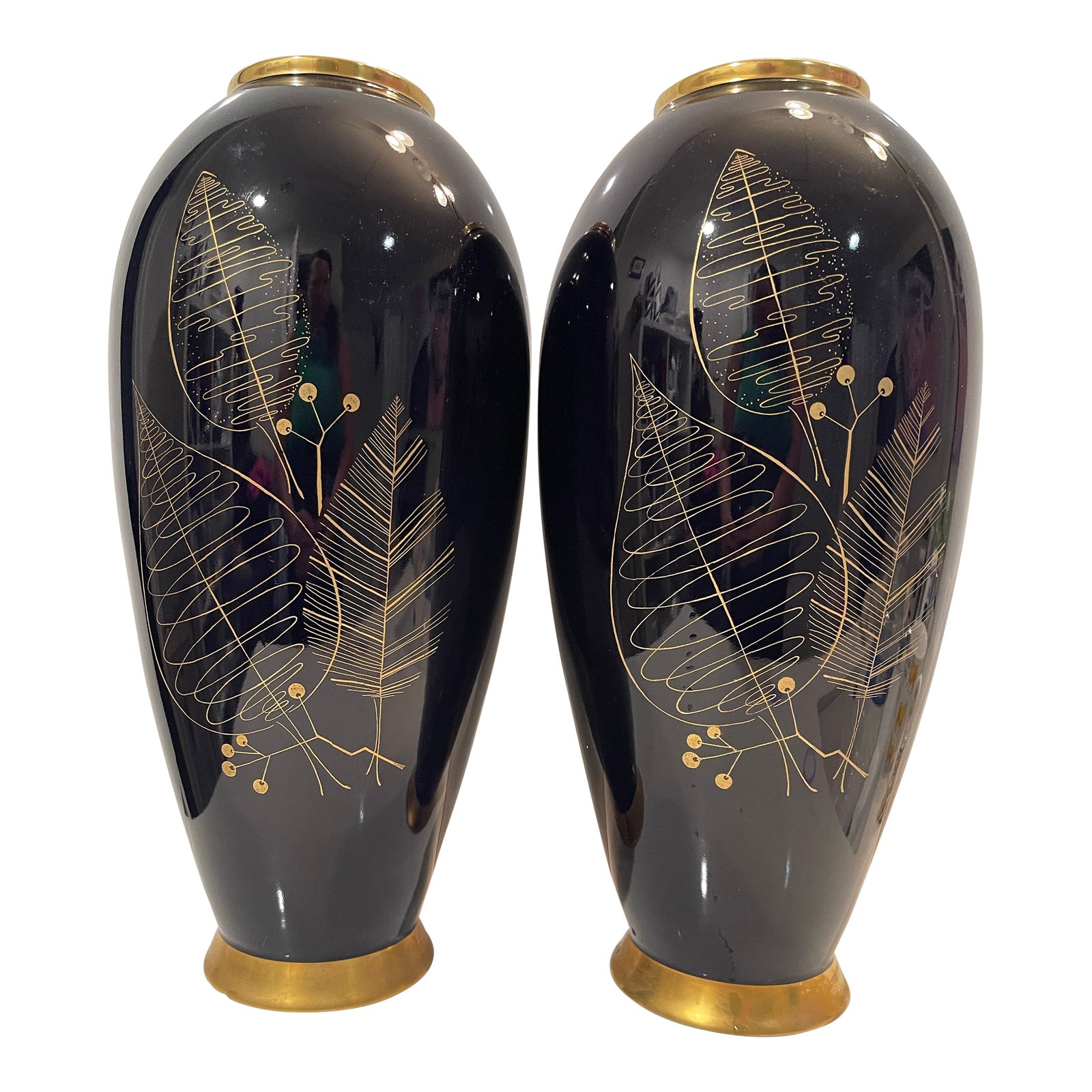 Set of Two 1970s Lindner Kueps Bavarian Tall Gold & Cobalt Floral Vases ...