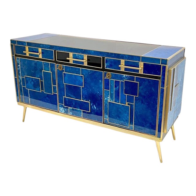 1980s Italian Post Modern Vintage Blue Black Brass 3-Door 3-Drawer ...