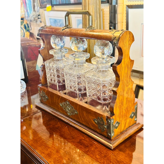 1920s English Oak and Brass Tantalus Set With Three Liquor Bottles ...