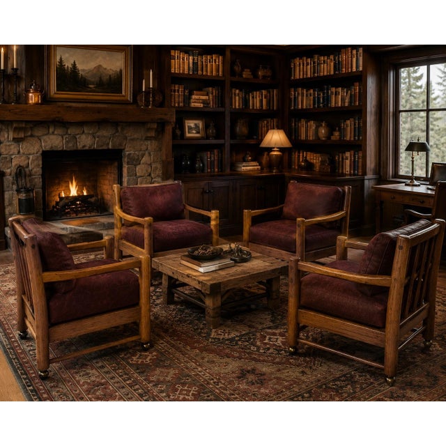 Vintage Architectural Solid Oak Lodge Lounge Chairs With Brass Casters ...