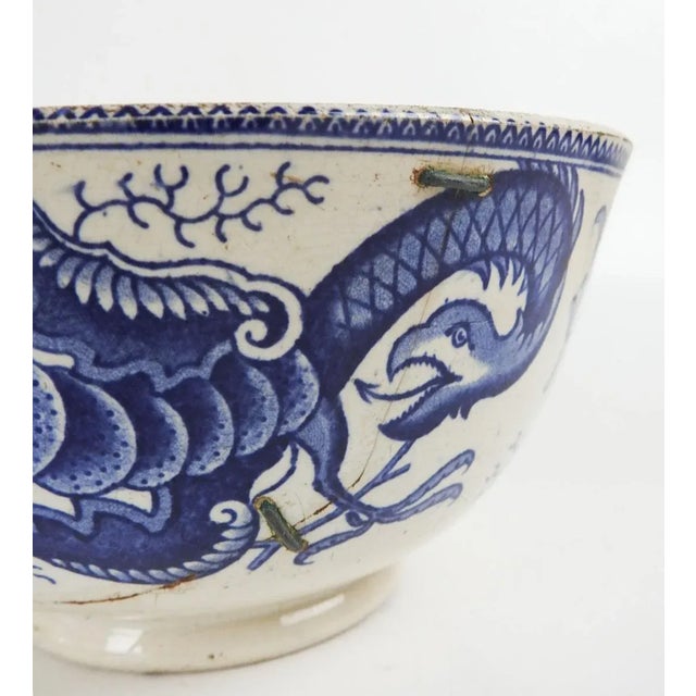 Antique Chinoiserie Blue Transferware Dragon Bowl Stapled | Chairish
