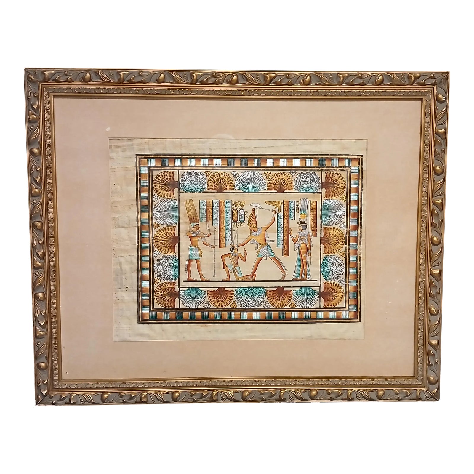 1970s Framed Egyptian Papyrus Artwork – Hand-Painted, Gold Frame | Chairish