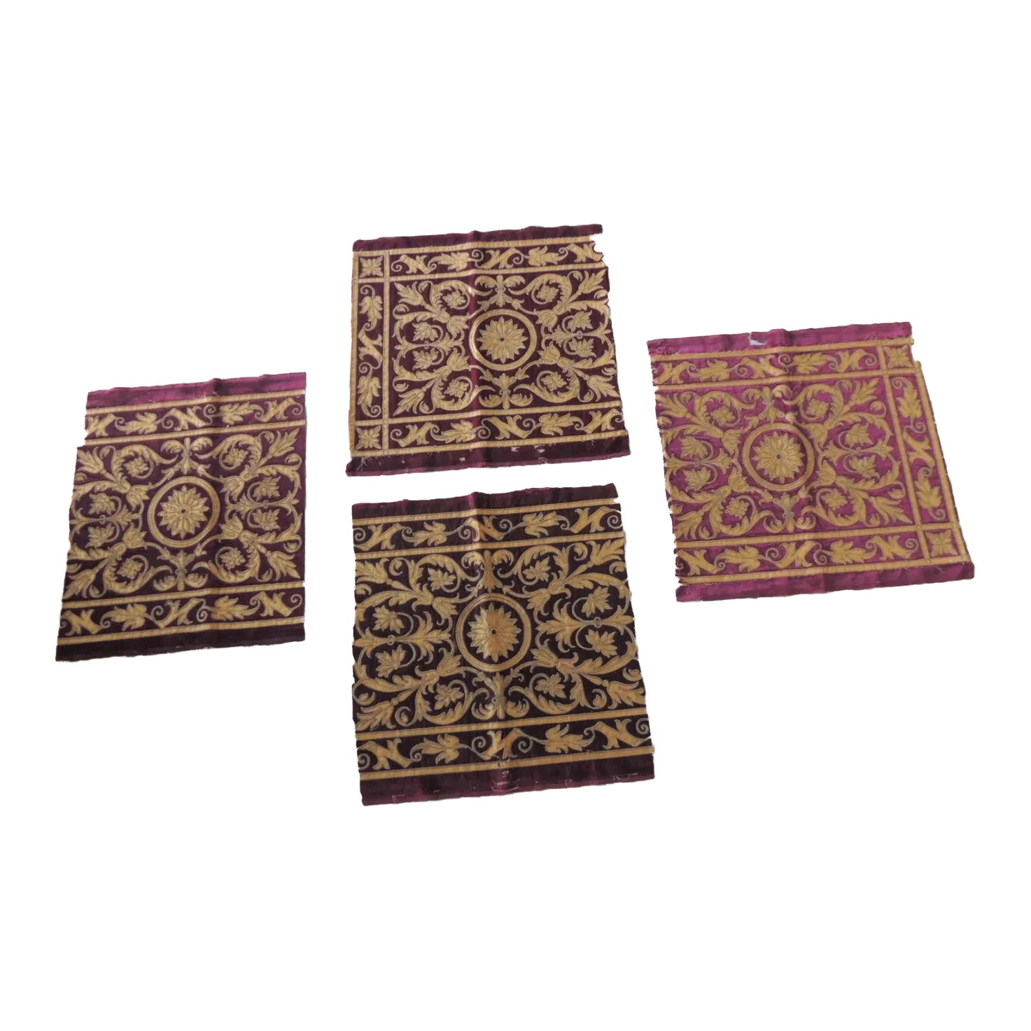Applique Gold and Burgundy Velvet Textile Remnants - Set of 4 | Chairish