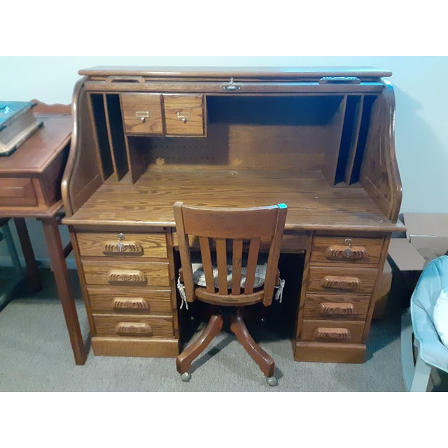 1991 Oak Roll Top Desk - Set of 2 | Chairish