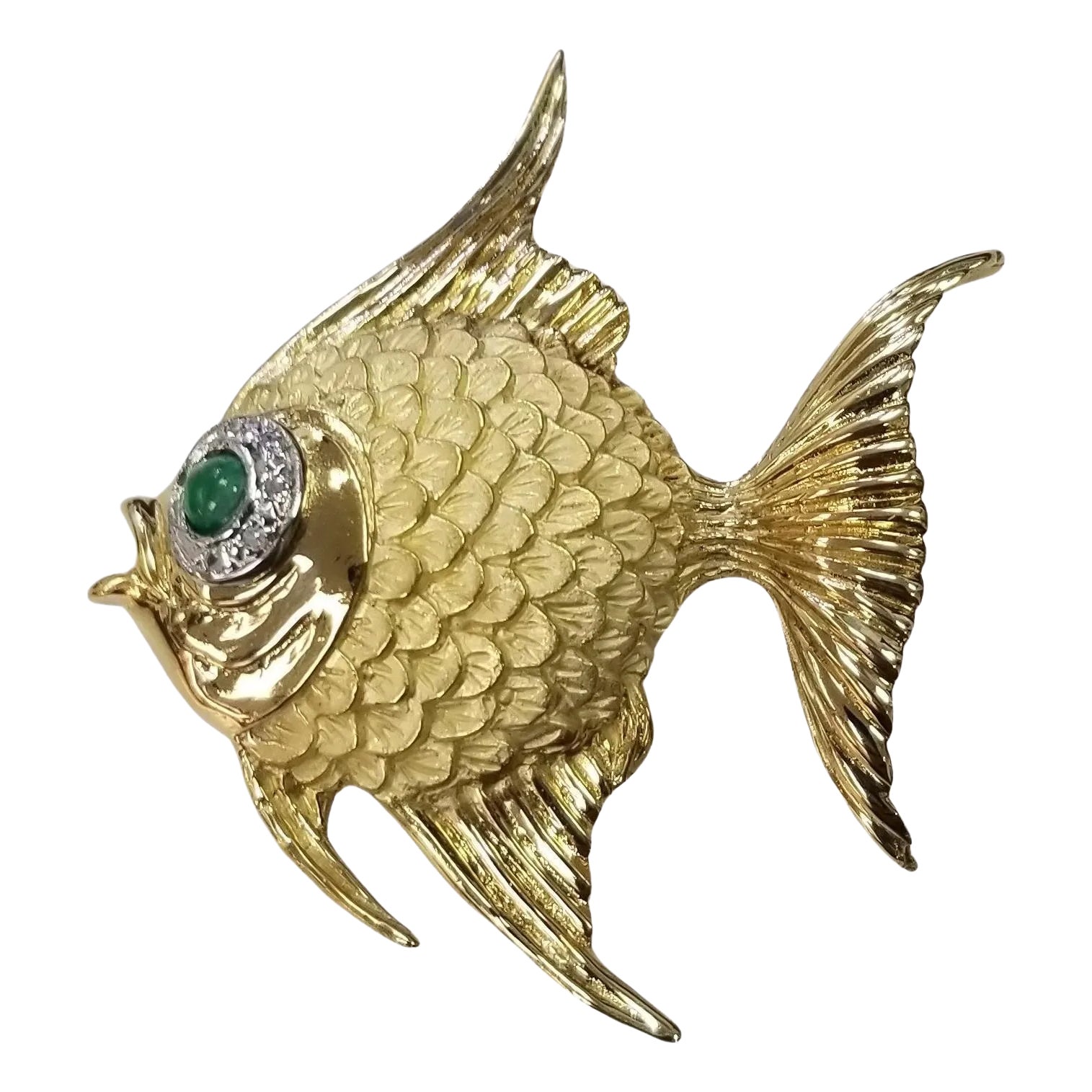 18K Yellow Gold Angel Fish With Diamonds and Emerald Brooch | Chairish