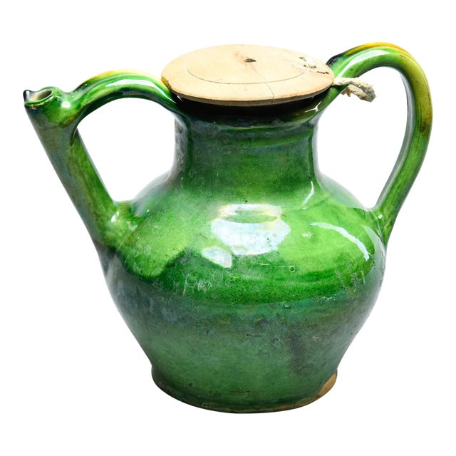 French Green Water Jug With Wooden Lid | Chairish