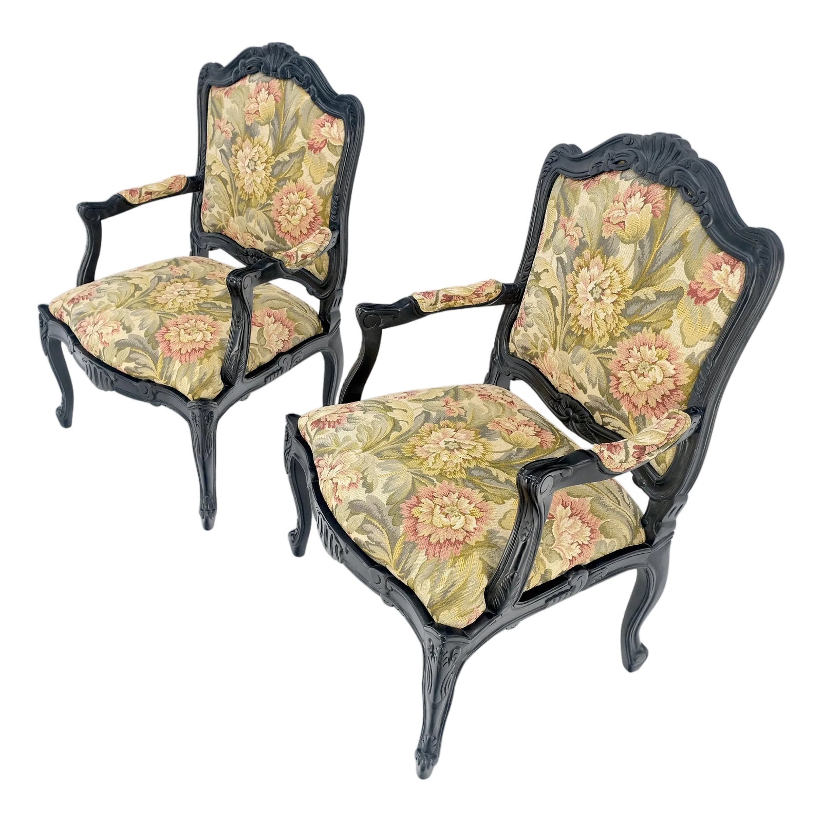 Quality Carved Tapestry Upholstery Arm Fireside Chairs | Chairish