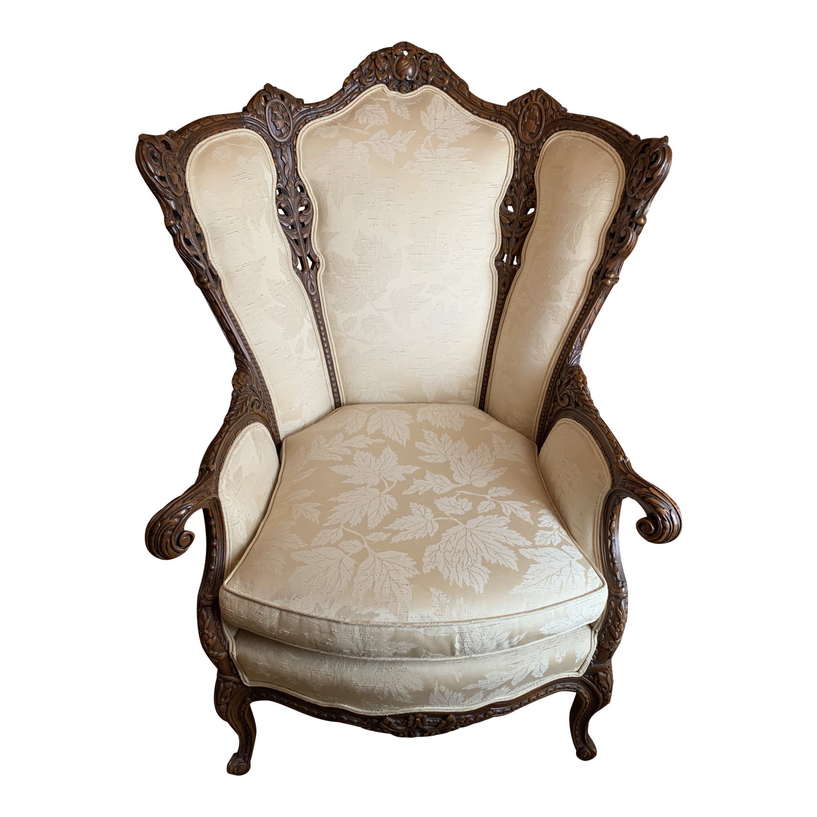 Vintage Victorian Style Damask Upholstery Wingback Chair | Chairish