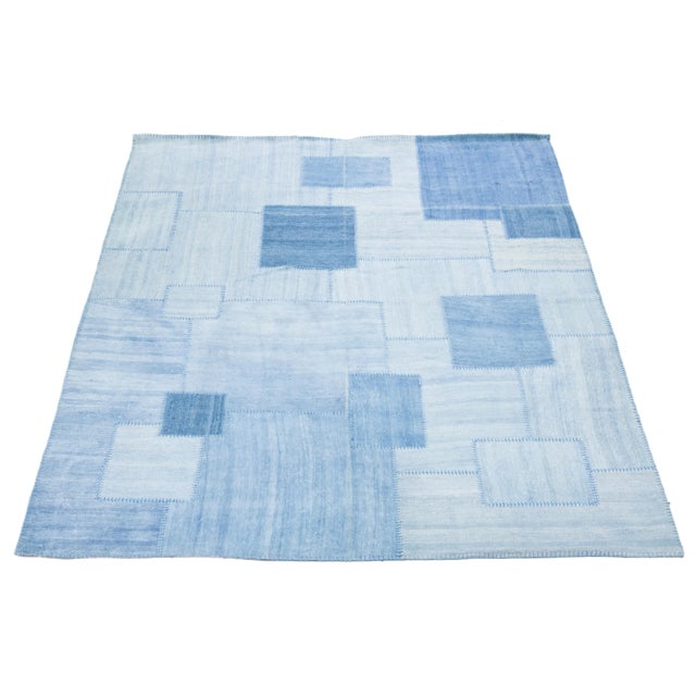 Blue Denim Designed Kilim Flatweave Wool Rug | Chairish