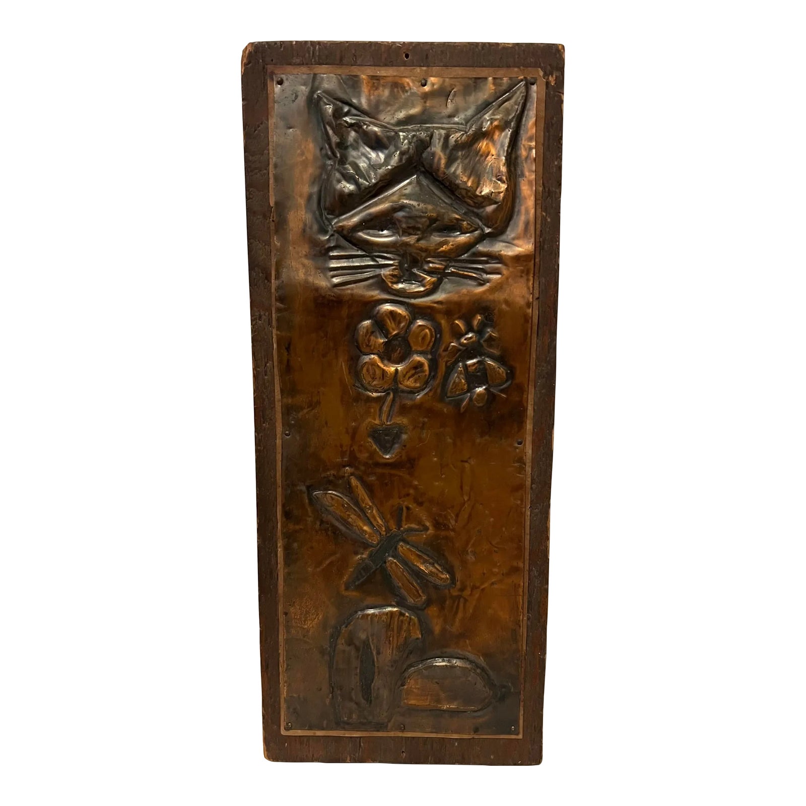 1960s Folk Art Hammered Copper Relief Sculpture, Cat, Bee, Flower, Dragonfly, Signed, Dated ...
