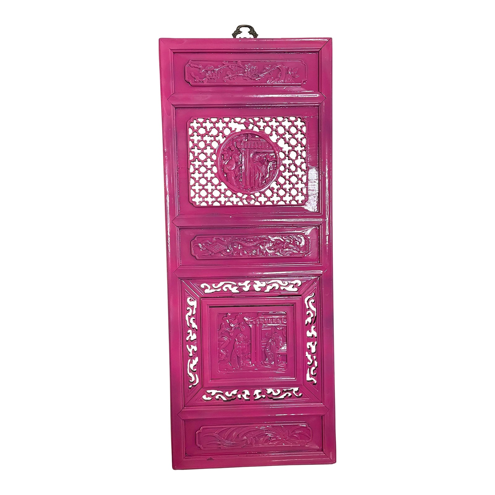 Chinese Carved Wooden Window Shutter Panel in Pink Lacquer | Chairish