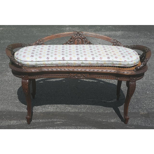 Louis XVI Style Carved Mahogany and Cane Seat Kidney Bench | Chairish