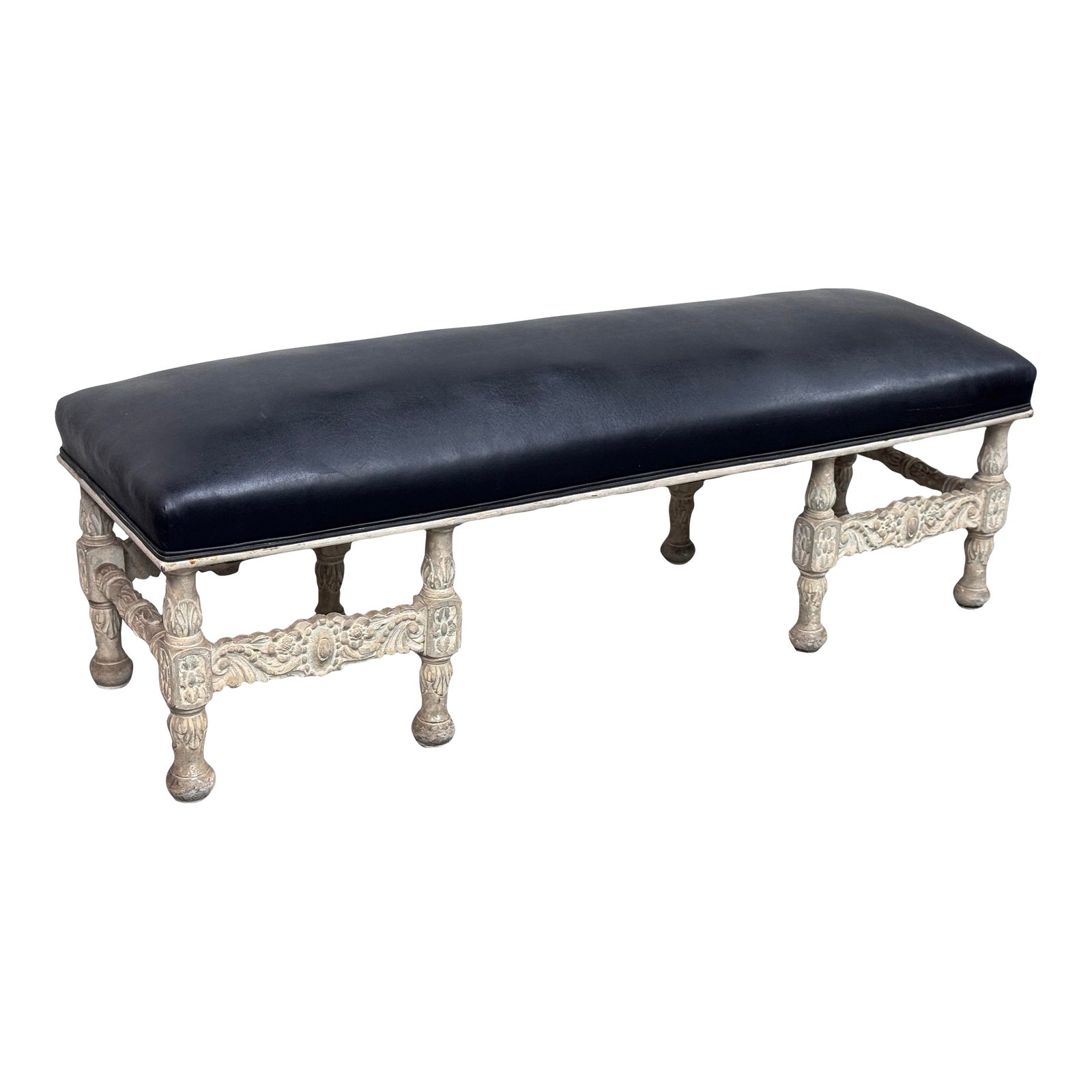 Custom Design English Bleached Carved Wood Neo-Classical Leather Bench ...