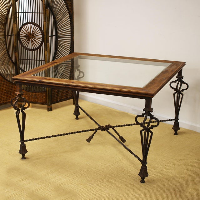 Hand-Crafted Wrought Iron Dining Table With Wood and Glass Top | Chairish
