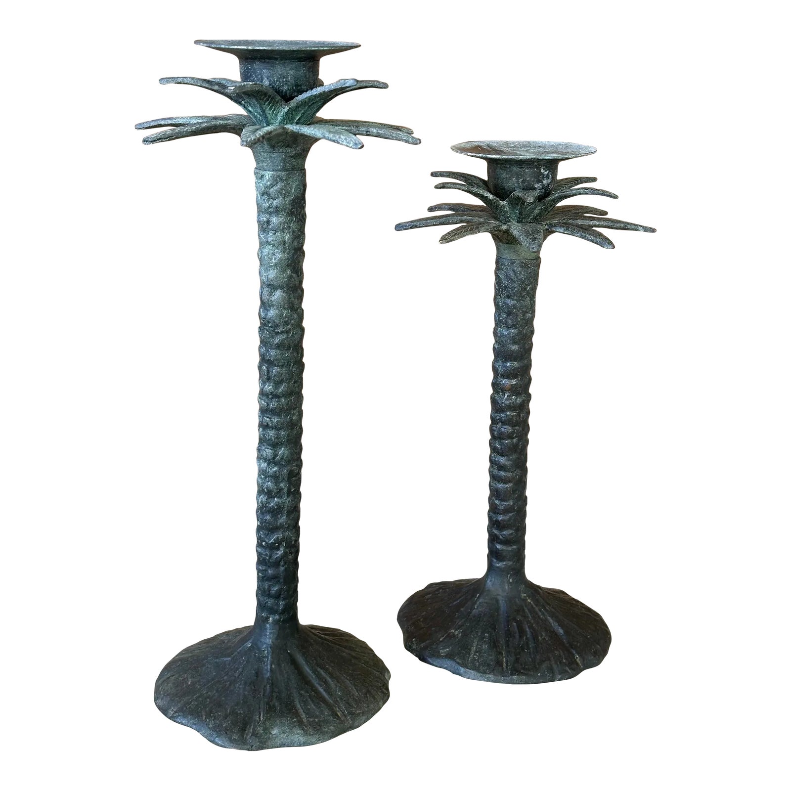 Pair Vintage Coastal Rustic Metal Palm Tree Staggering Candlestick ...