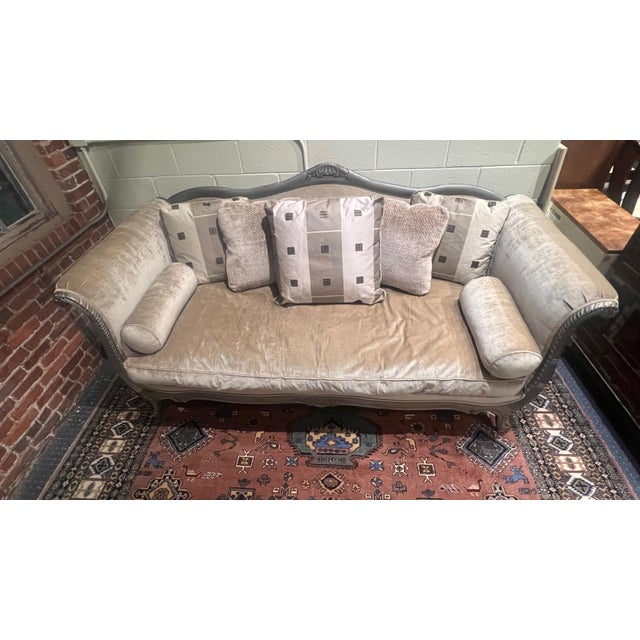 Drexel Heritage Carved Wood Body Sofa With Pillows | Chairish
