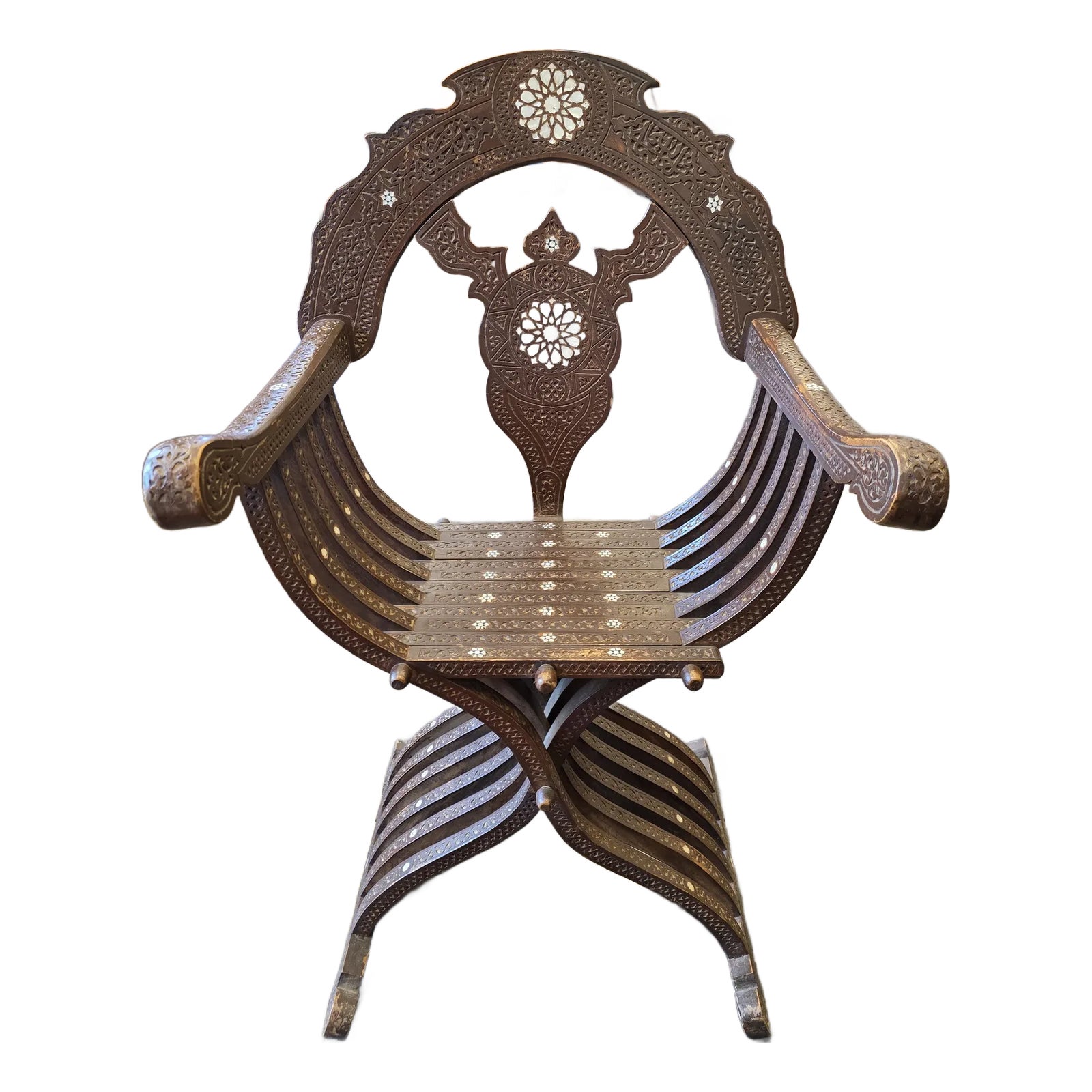 Early 1900s Antique Arabesque Wood / Mother Pearl Chair | Chairish