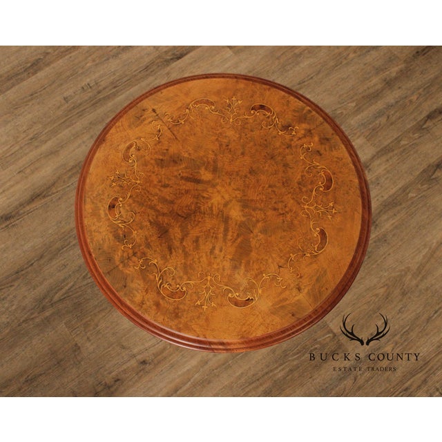 Antique Victorian Carved Inlaid Burl Wood Round Side Table | Chairish