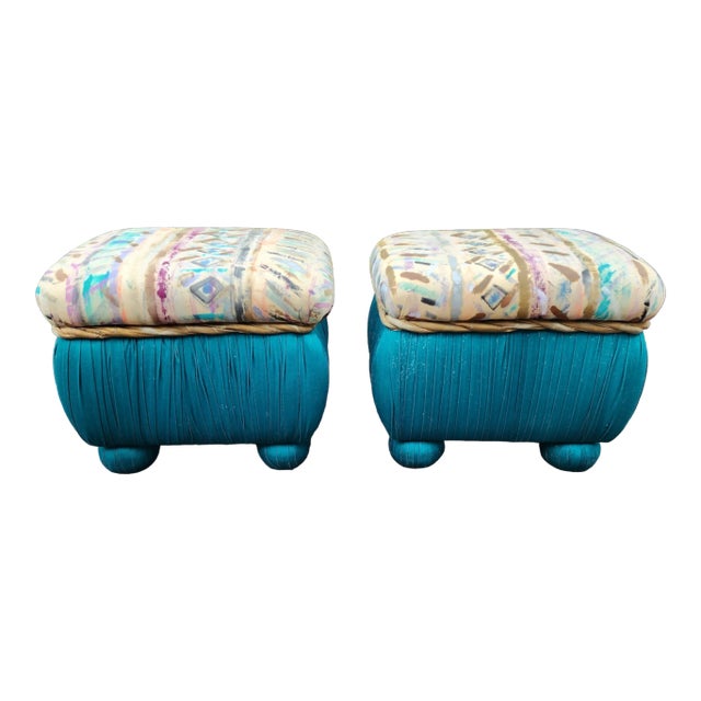 Vintage Memphis Postmodern Ottomans With Hand Painted Abstract Fabric ...