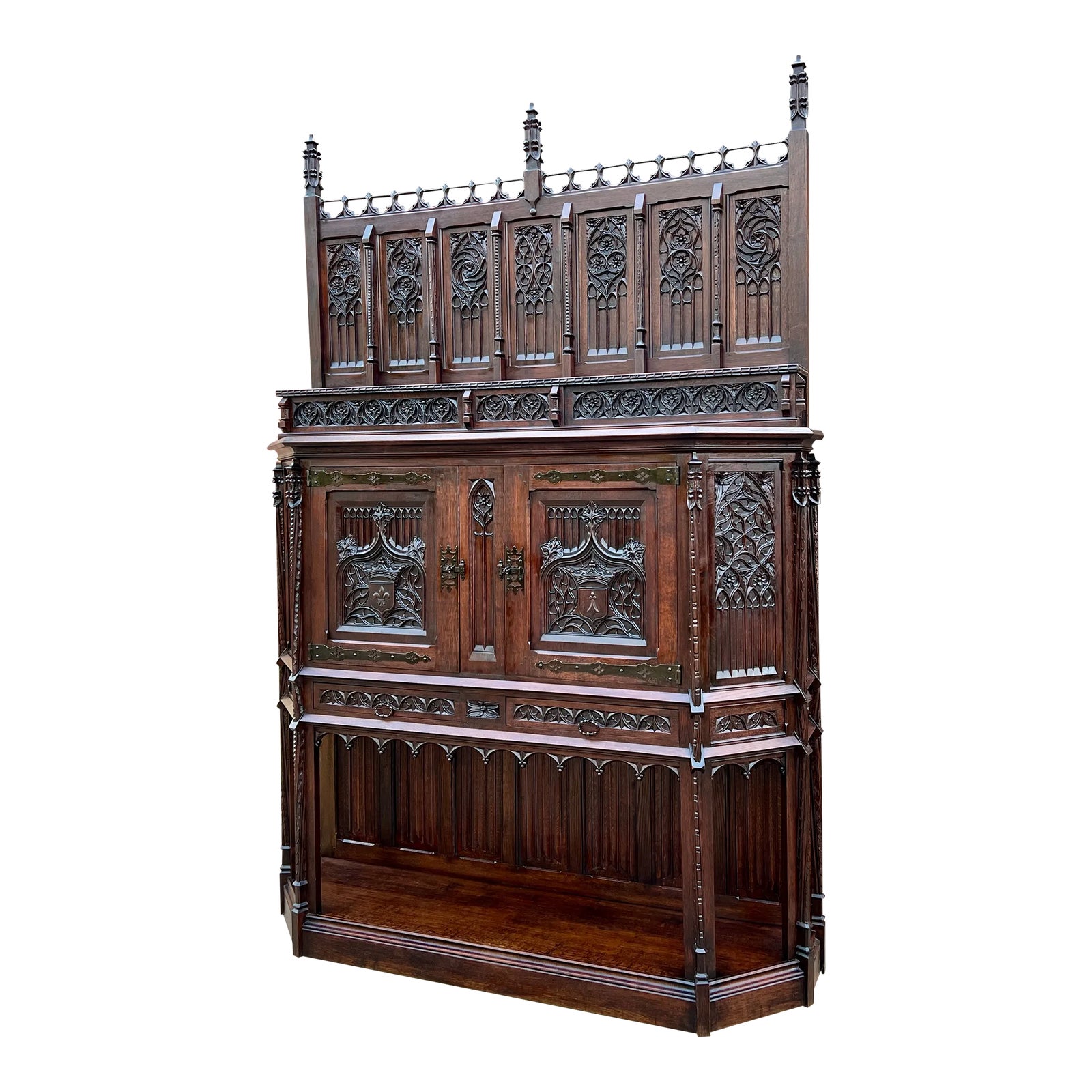 Antique French Gothic Vestry Altar Wine Cabinet Bar Carved Oak 115" T ...