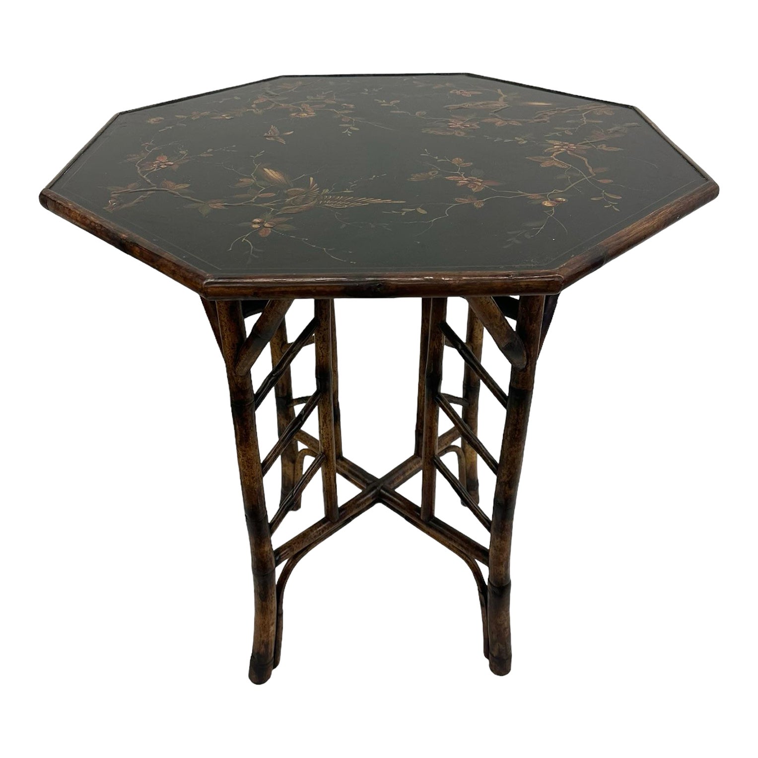 Mid 20th Century Scorched Bamboo Octagonal Side Table With Hand Painted ...