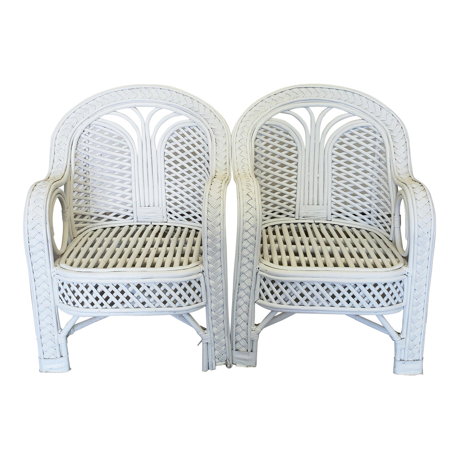 Vintage White Natural Wicker Rattan Chairs - a Pair | Chairish