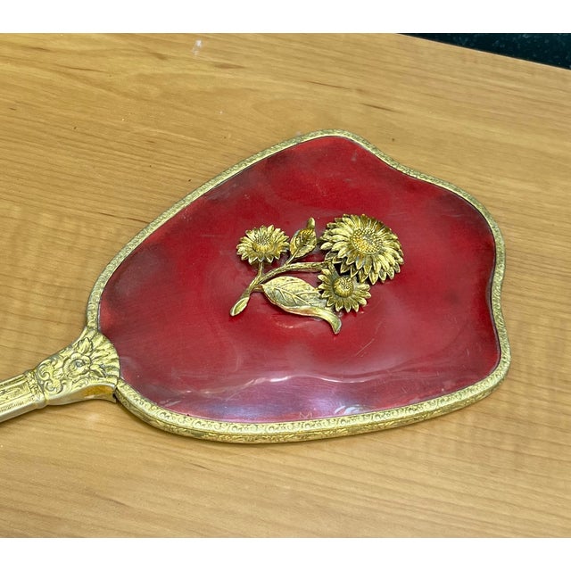 Brass Flower/Red Hand Mirror | Chairish