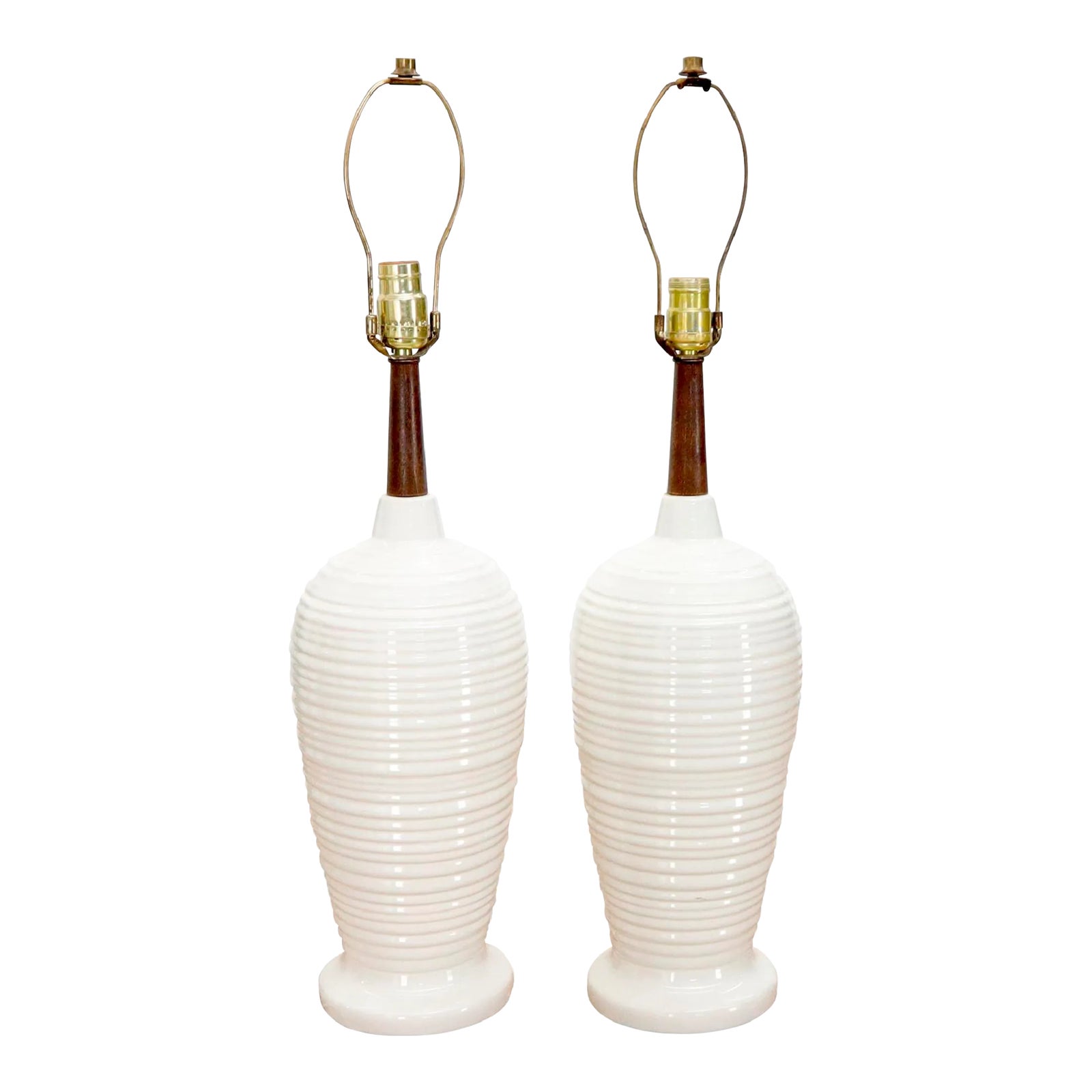 Pair of Vase Shape Glazed Ceramic Pottery Walnut Table Lamps | Chairish
