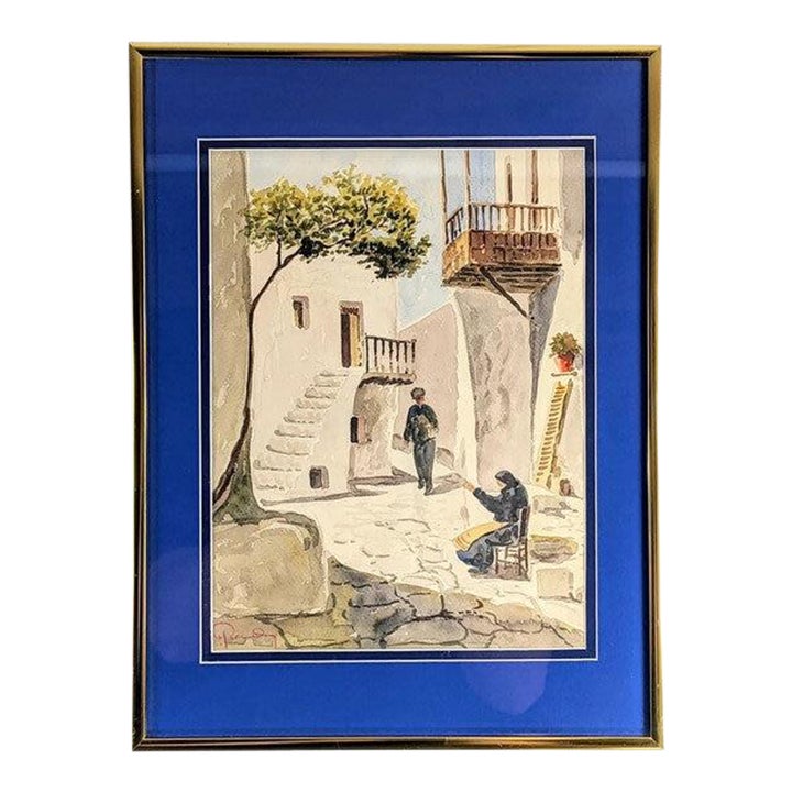 Reid Original Watercolor Painting of a Village | Chairish