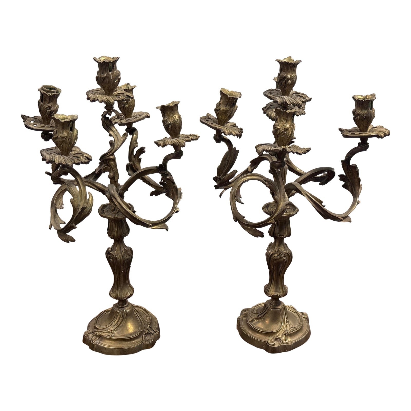 Early 20th Century Bronze Finish Five Arms Candelabras, a Pair | Chairish