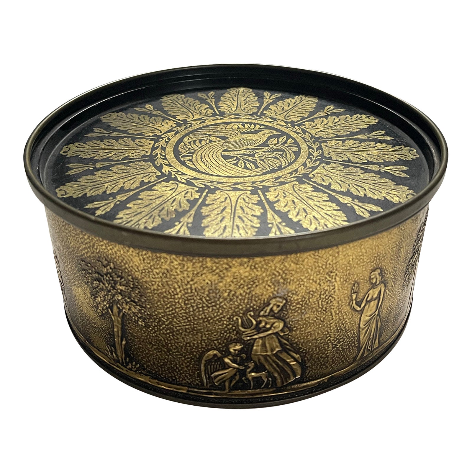 Mid 20th Century Black & Gold Classical Footed Tin | Chairish