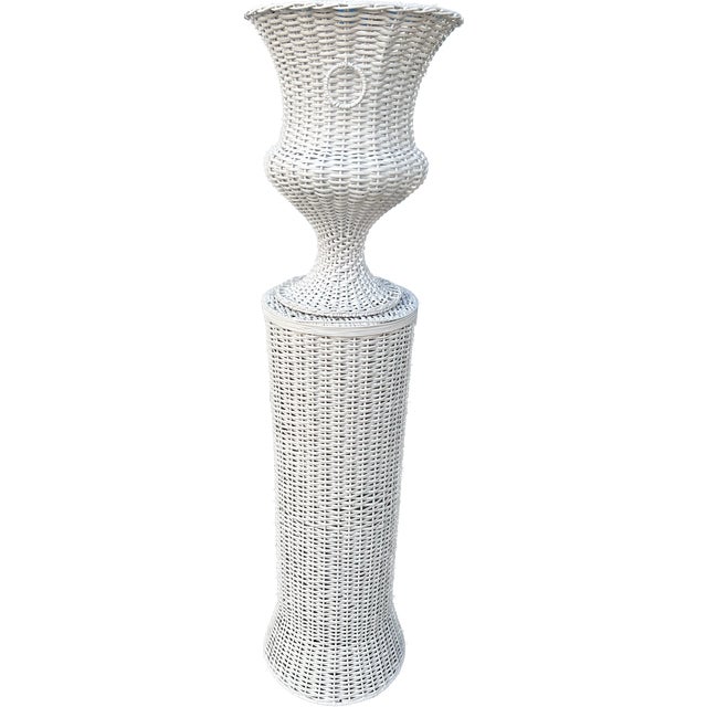 Wicker Urn And Pedestal Set, White | Chairish