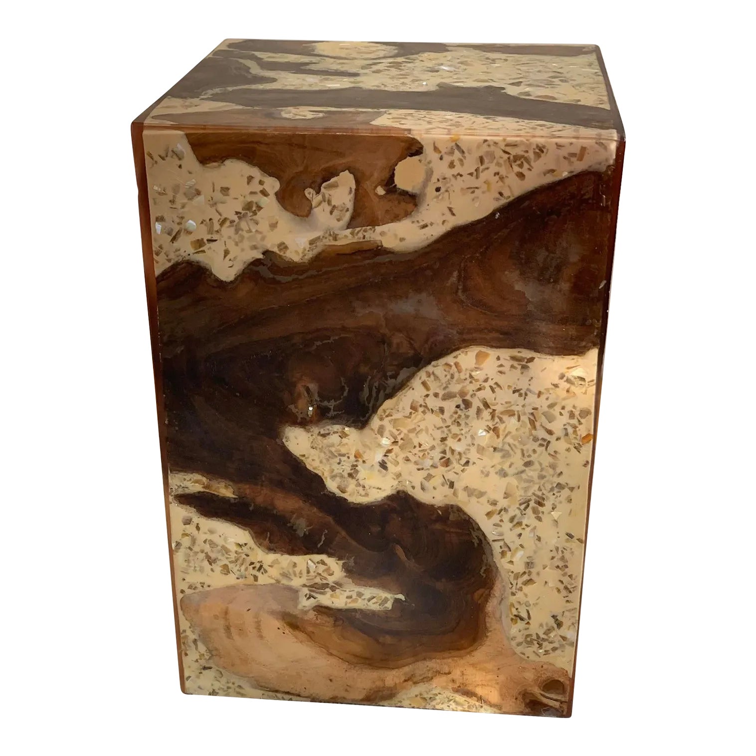 Organic Modern Teak Wood Resin Cube With Yellow Amber Terrazzo | Chairish