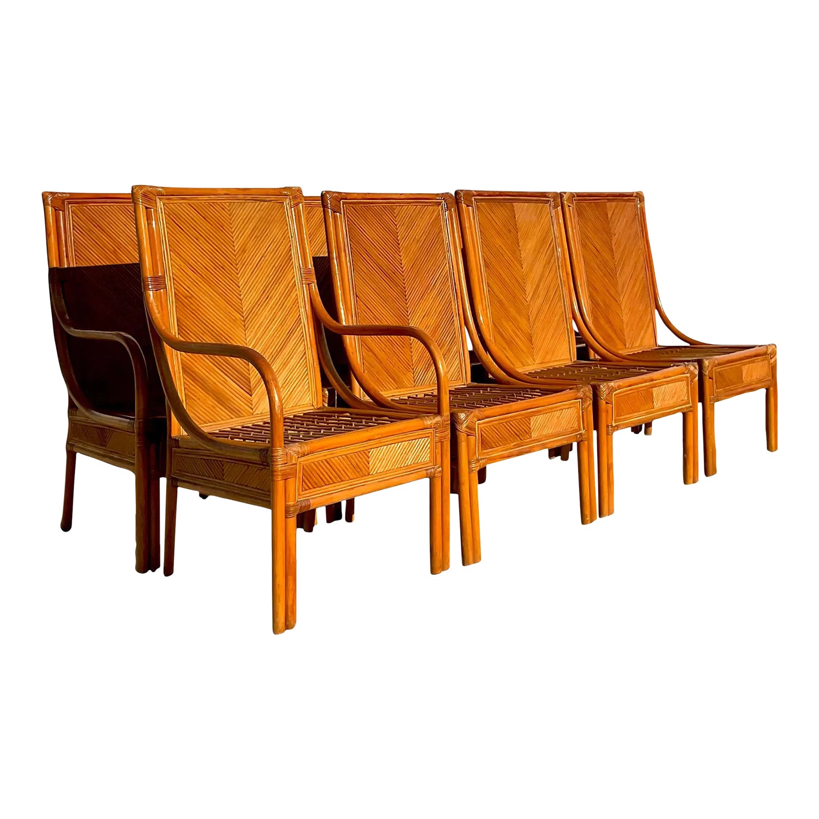 Vintage Coastal Chevron Pencil Reed Dining Chairs - Set of 8 | Chairish