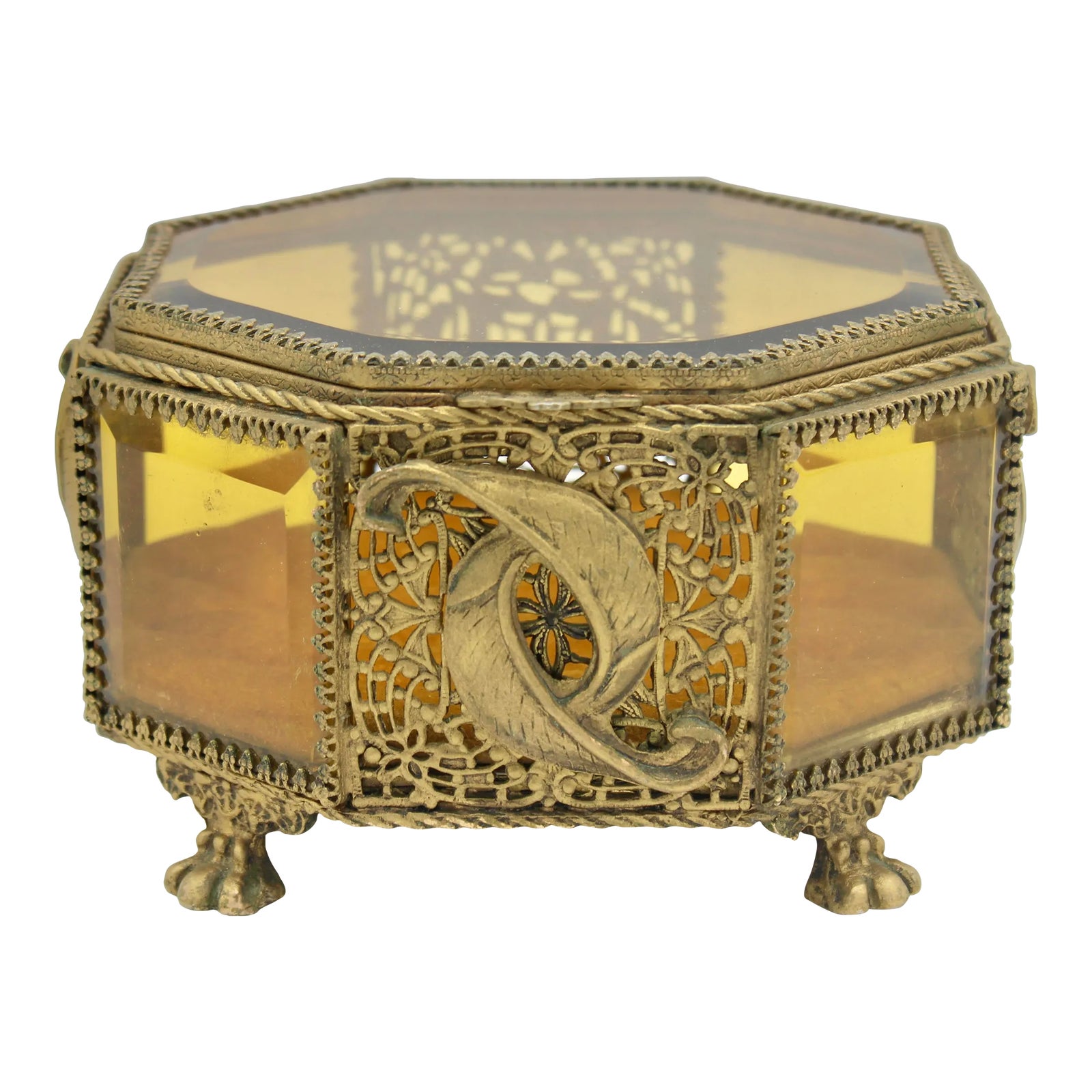 Large Antique French Amber Glass Footed Jewelry Box | Chairish