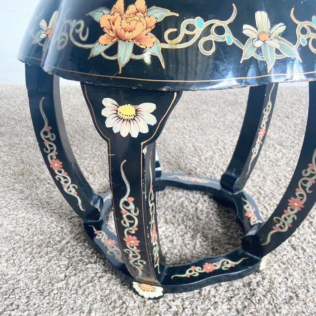 Chinese Black Lacquered and Hand Painted Low Stool/Side Table | Chairish