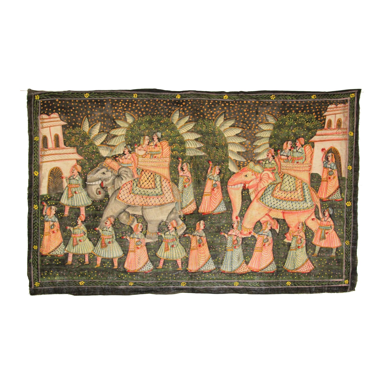 Large Vintage Mughal Raj Silk Painting of a Maharaja Royal Procession ...