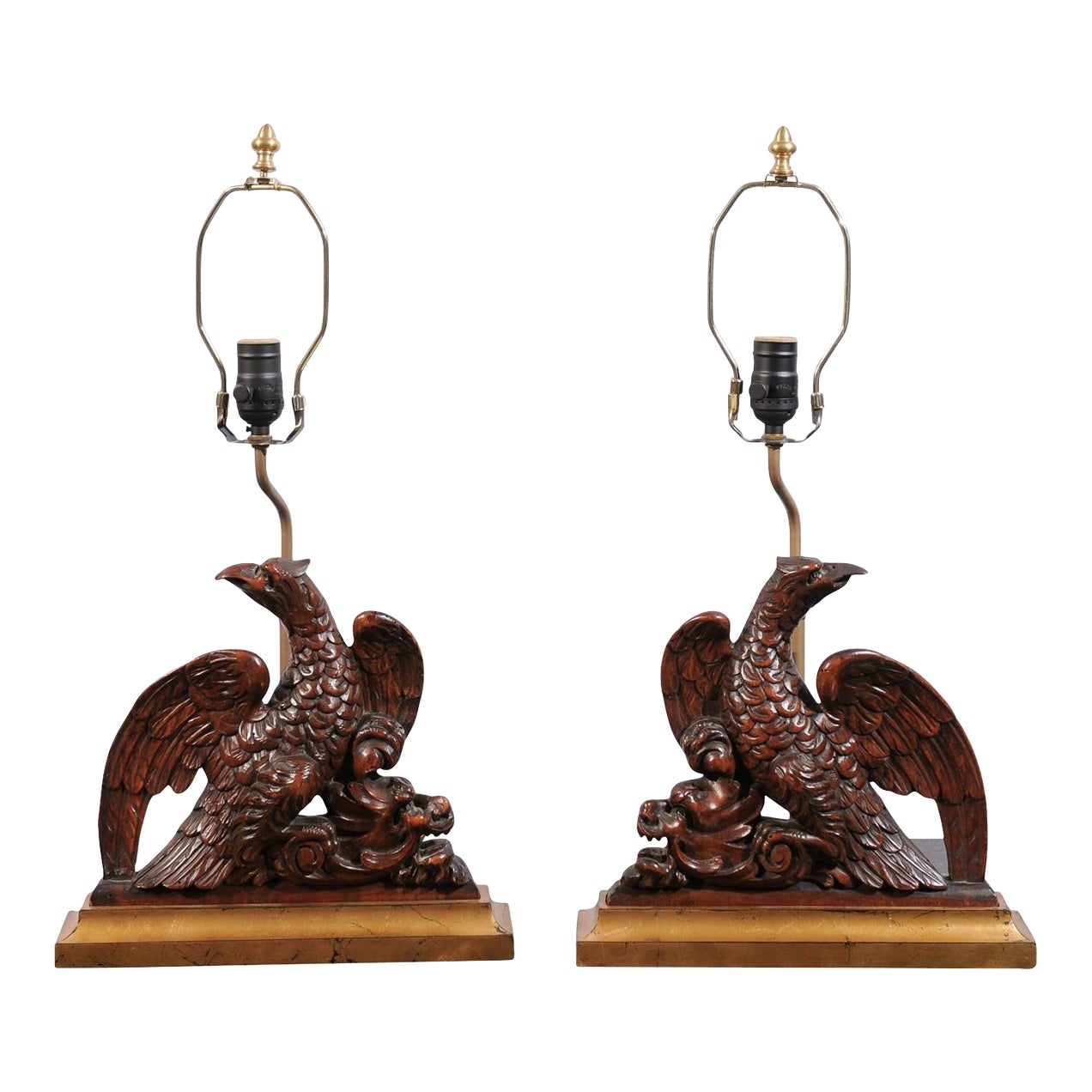 19th Century English Carved Walnut Eagle Lamps With Gilded Bases Gilt ...