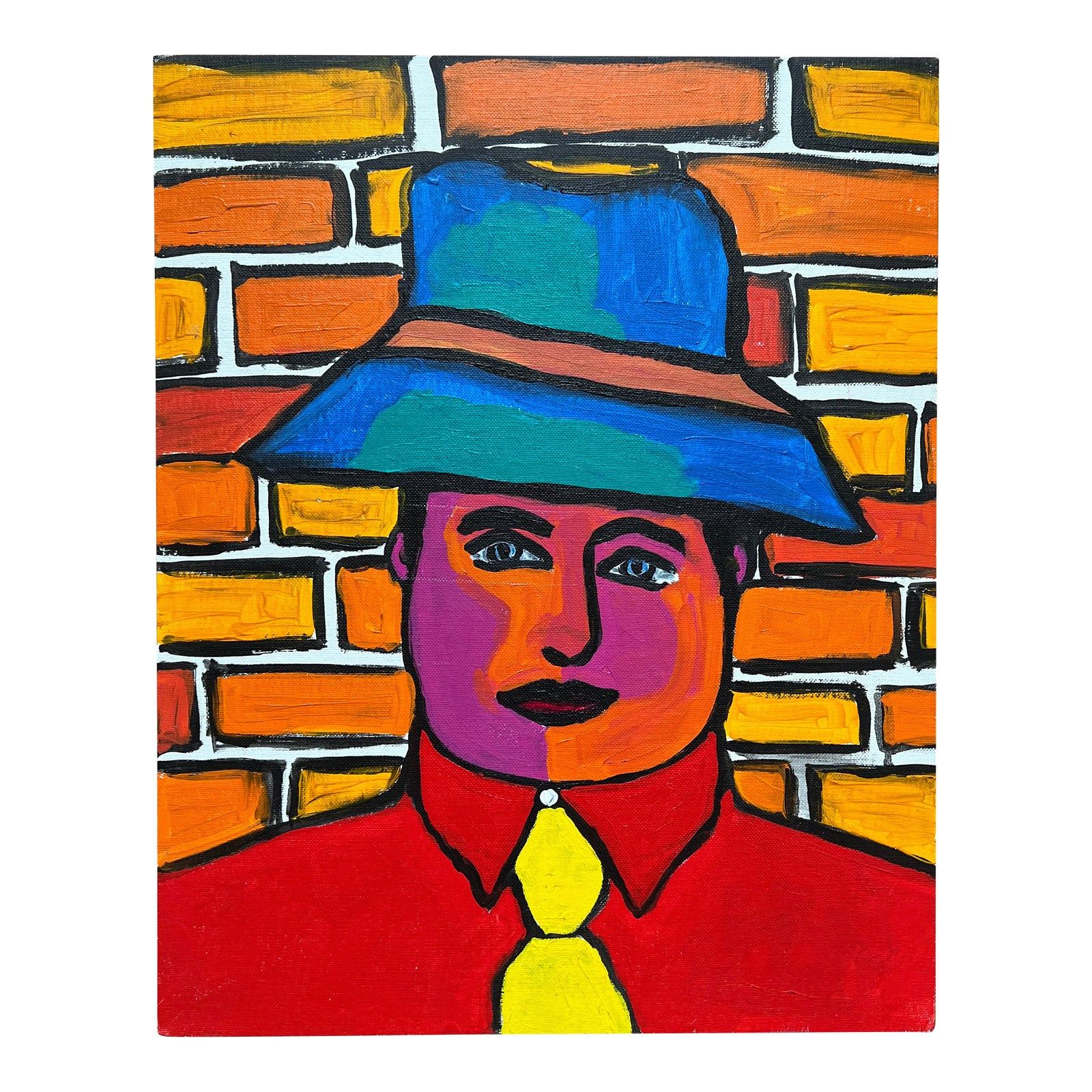 Original Painting Man in Blue Hat on Board Unframed | Chairish